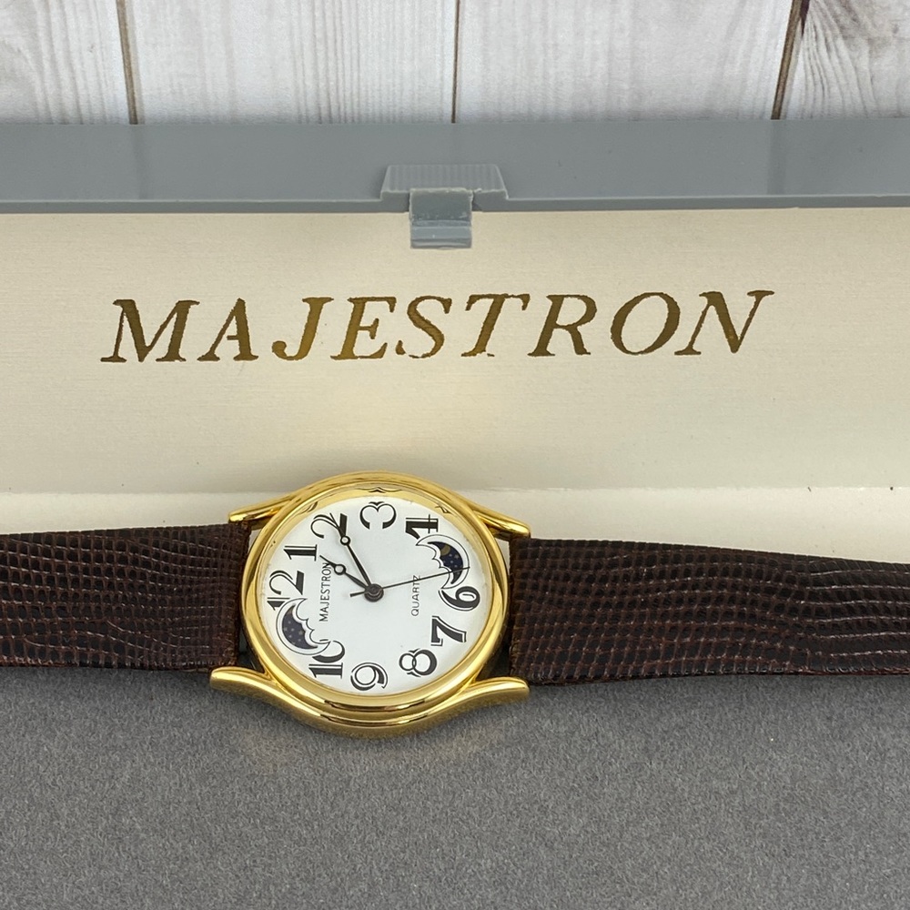 Vintage Majestron Moon Phase Gold Watch Day Night Rot… - Gem